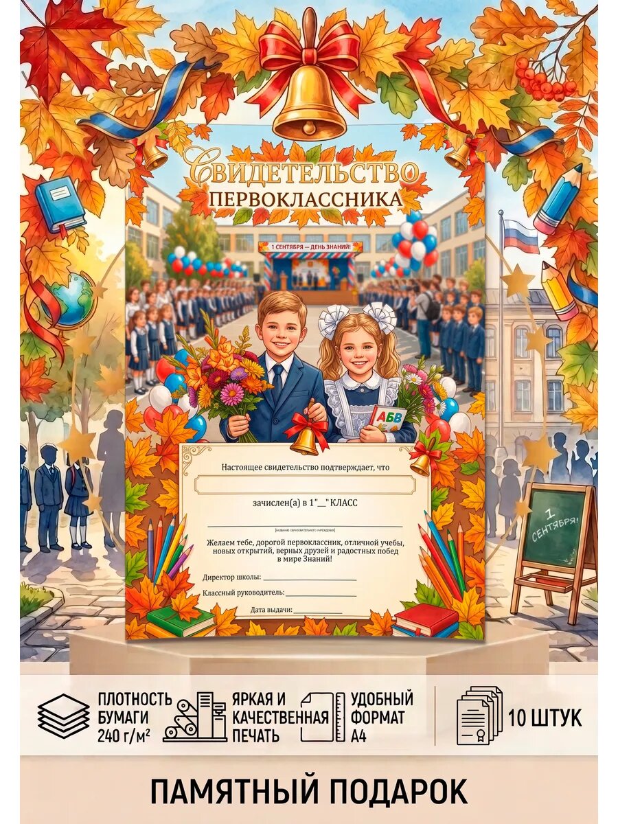 Свидетельство первоклассника на 1 сентября 10шт.