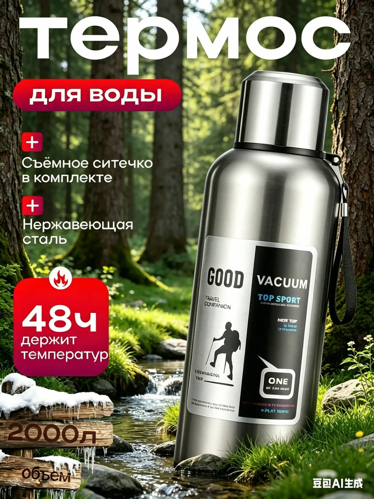 Термос для чая, кофе, воды, смеси, напитков 2 л, Термос вакуумный двойной стенкой нержавеющей стали-ml