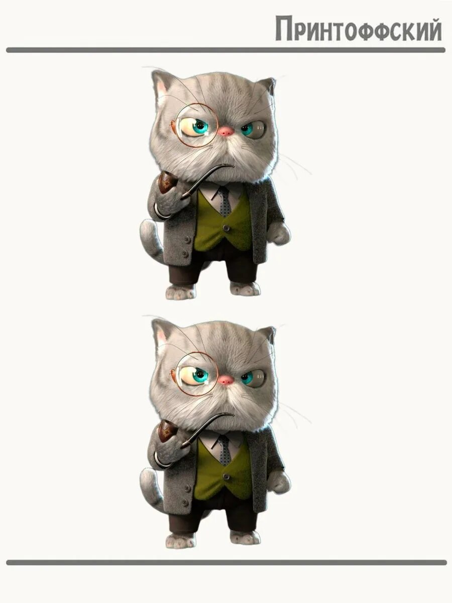 2-е (Две) Термонаклейки серый кот cat с трубкой и с моноклем