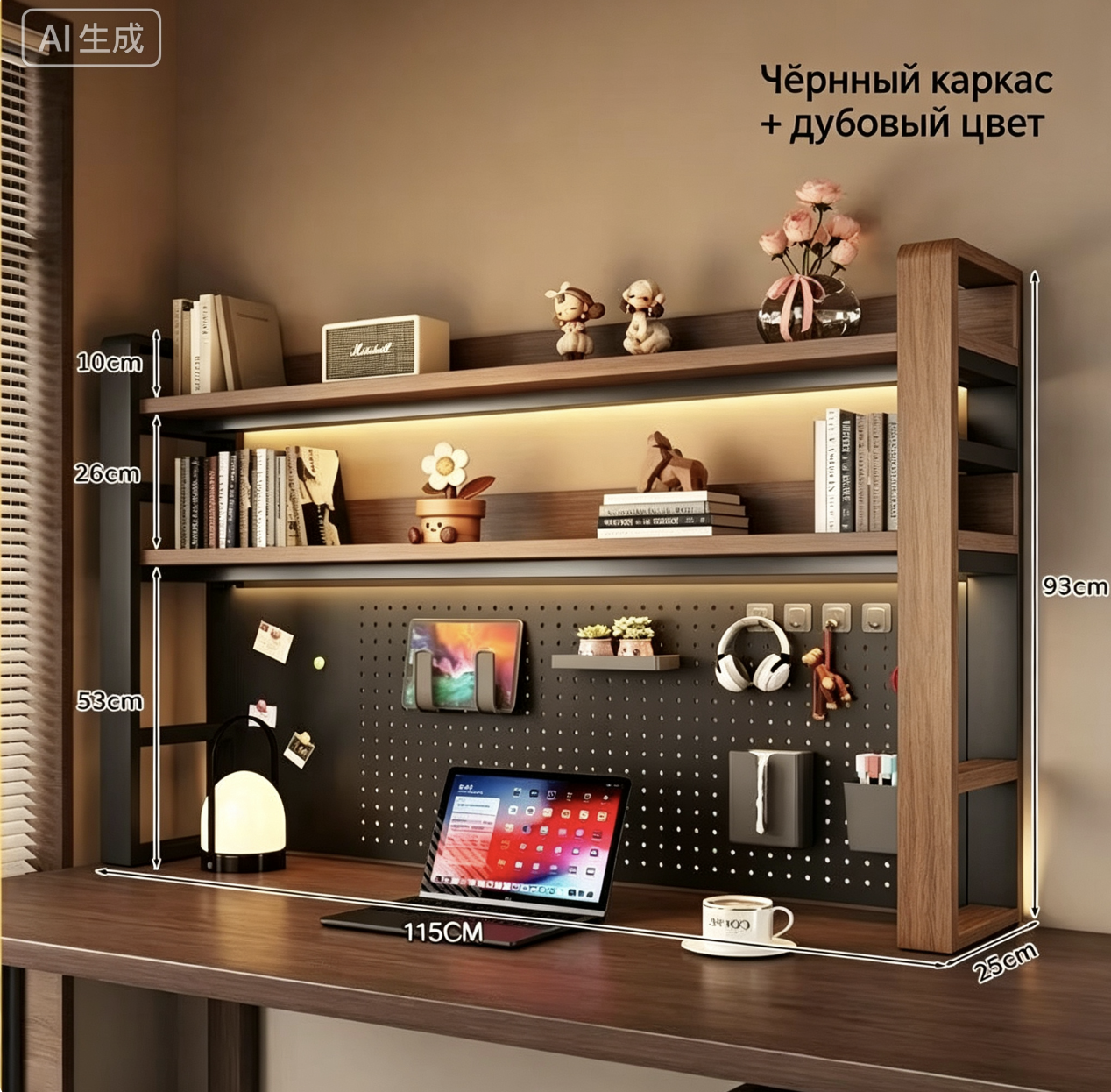 Металлическая настольная полка для хранения, цвет — чёрный с отделкой под дуб, размеры: 115× 25 × 93 см.