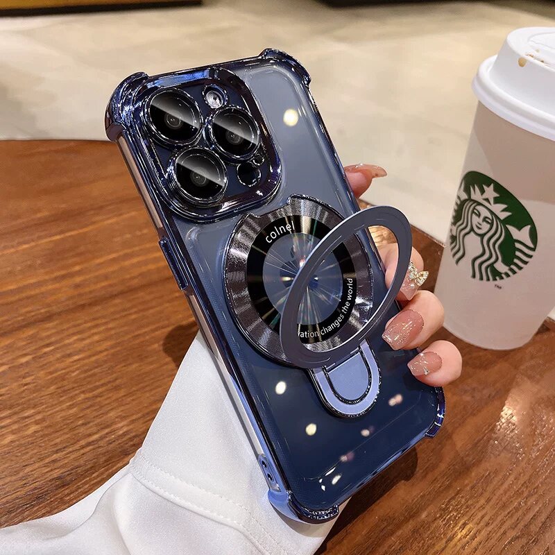 Чехол прозрачный из силикона для iPhone 15 Pro с магнитным креплением, защитой углов и складным магнитным штативом,