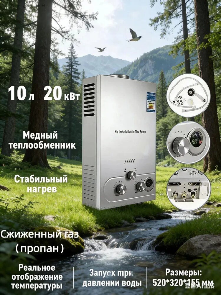 Газовый водонагреватель сжиженный газ, 20 кВт, 10 л/мин, розжиг от батареекklDa