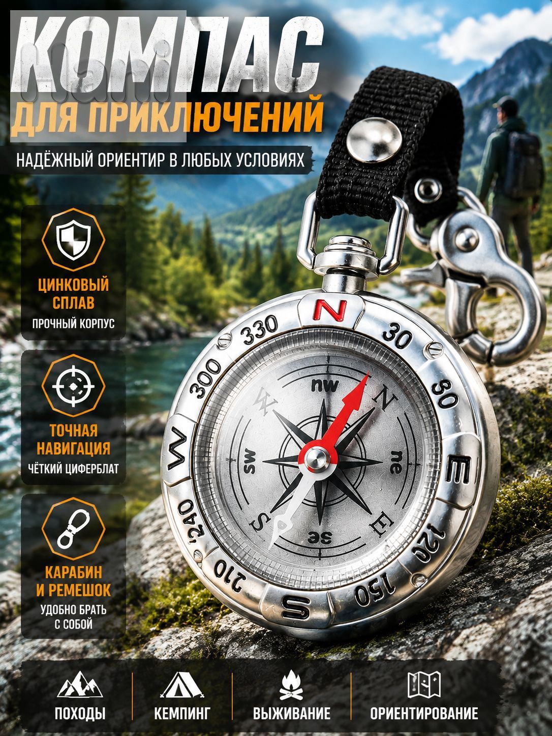 Компас туристический металлический с карабином В коробке, цинковый сплав, точная навигация для походов, кемпинга, охоты и выживания