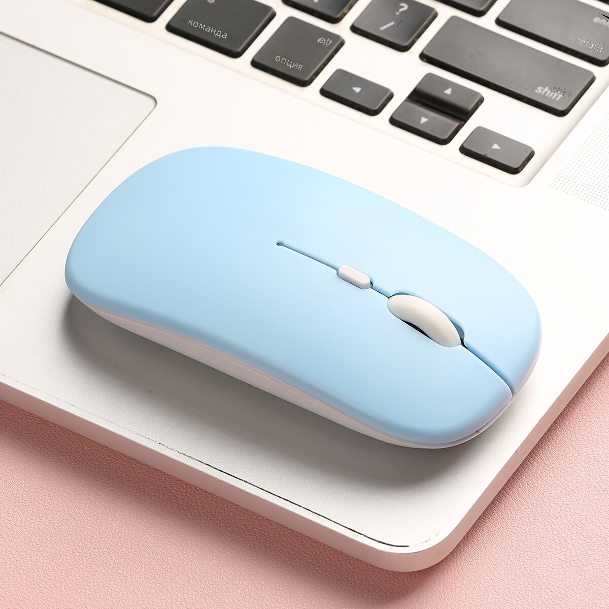 Беспроводная компьютерная мышь Bluetooth, эргономичная изогнутая форма для обеих рук, для офиса и игр, светло-голубая