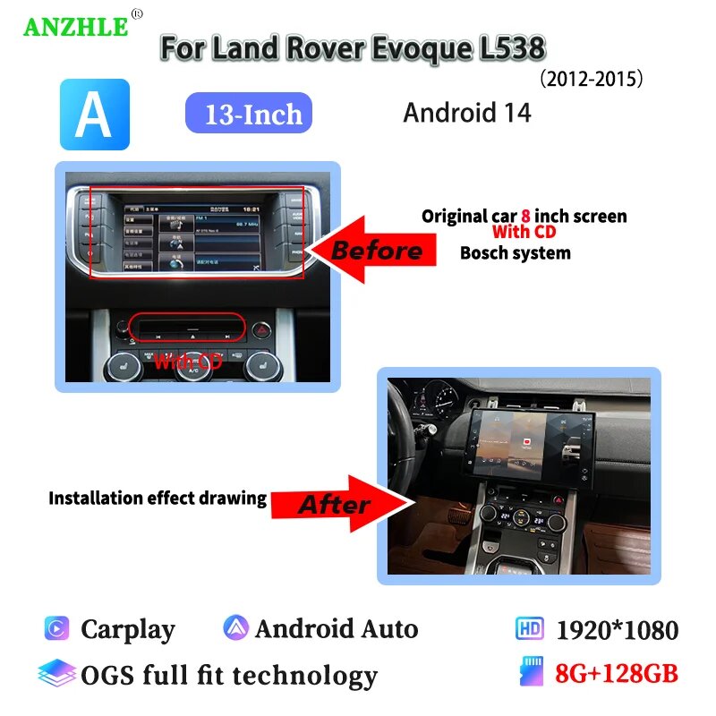 13,3-дюймовая умная автомобильная система Android 14, для Range Rover Evoque L538 2012-2018, автомобильный радиоприемник, мультимедийный плеер, Carplay, панель переменного тока, экран Bosch 128GB