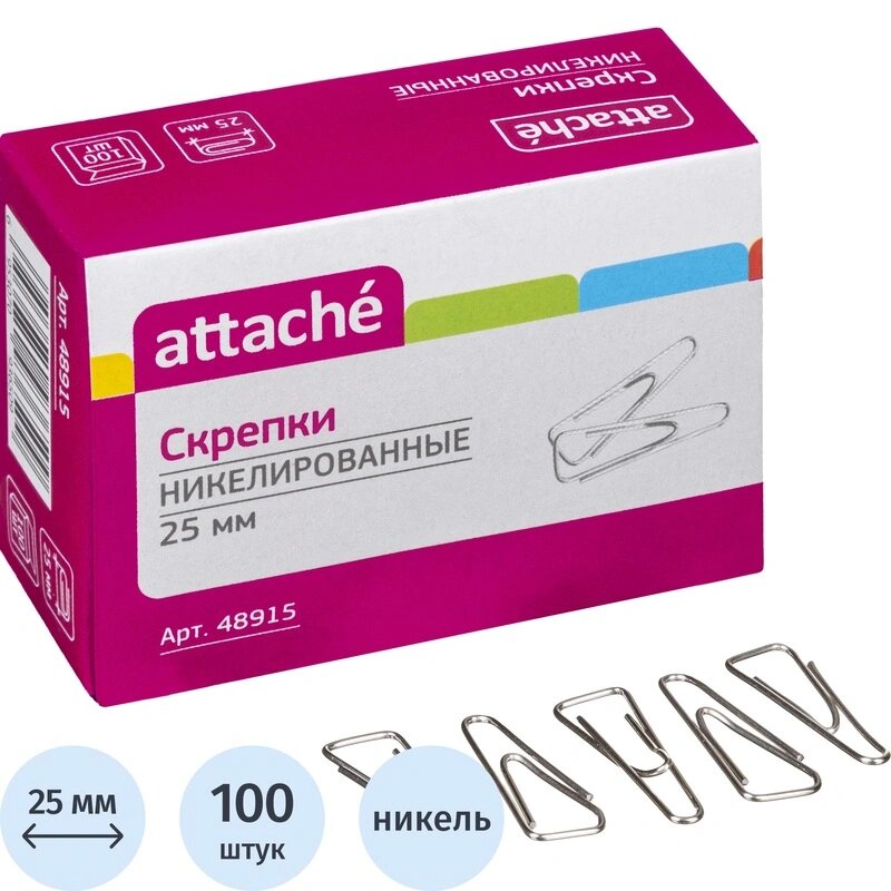 Скрепки Attache с отгибом, никелированные, треугольн,25 мм, негофрир,100 шт/уп
