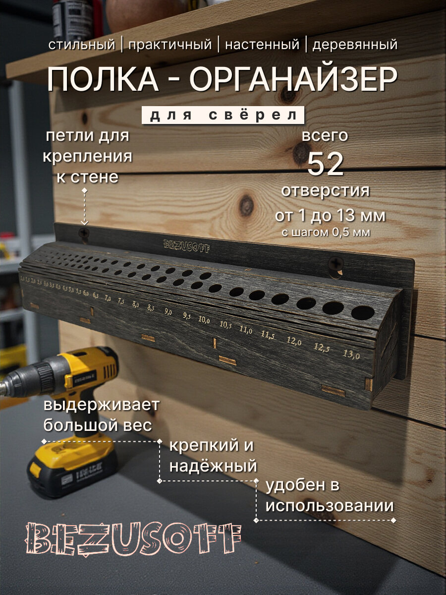 Полка на стену для сверл черная Bezusoff от 1 мм до 13 мм длина 36 см
