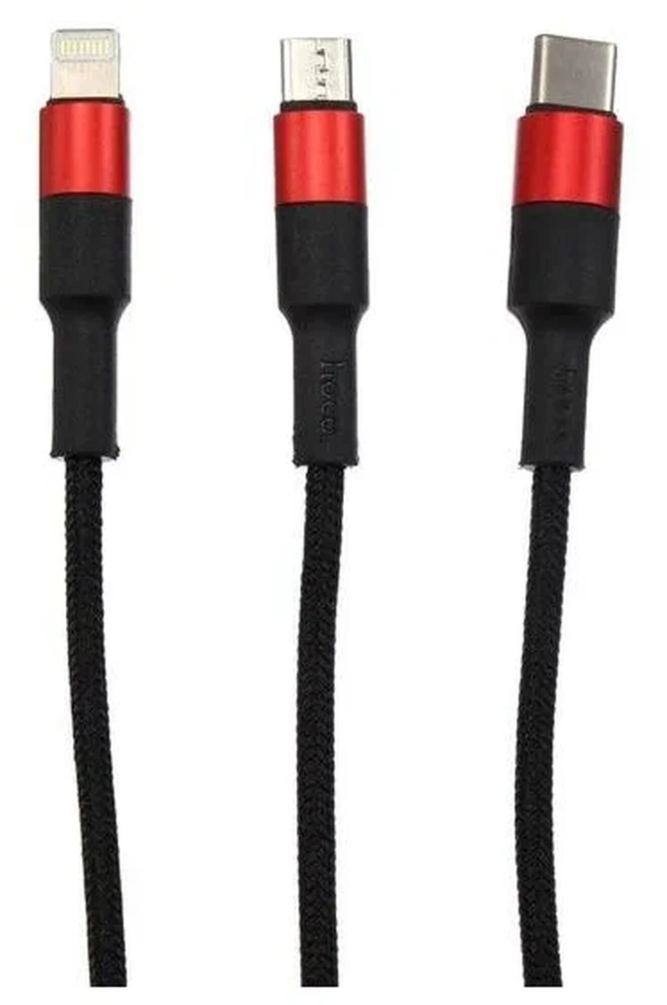 Кабель Hoco X26 Xpress USB - Lightning/MicroUSB/USB Type-C, 1 м, 1 шт, черный/красный