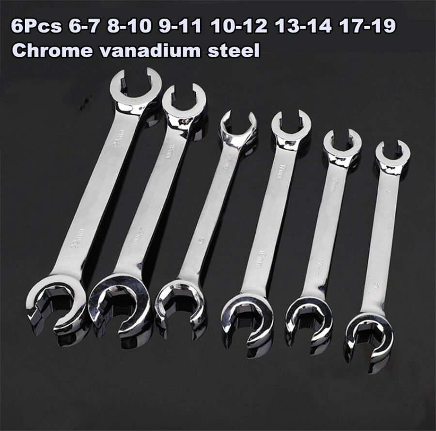 Набор гаечных ключей для штуцеров 6 шт, метрический, 6–19 мм, для газовых, тормозных, кондиционерных и дизельных линий