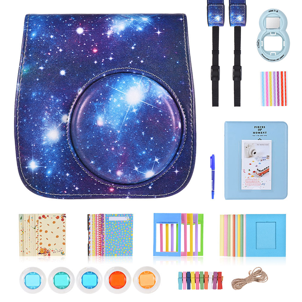 Набор аксессуаров 10 в 1 для Fujifilm Instax Mini 8/8+/8s/9: чехол с ремешком, зеркало для селфи, 5 фильтров (красный, оранжевый, зеленый, синий, роялти-блю), альбом, угловые стикеры, 10 бумажных рамок с клипсами, 5 пластиковых рамок, 40 фотостикеров,