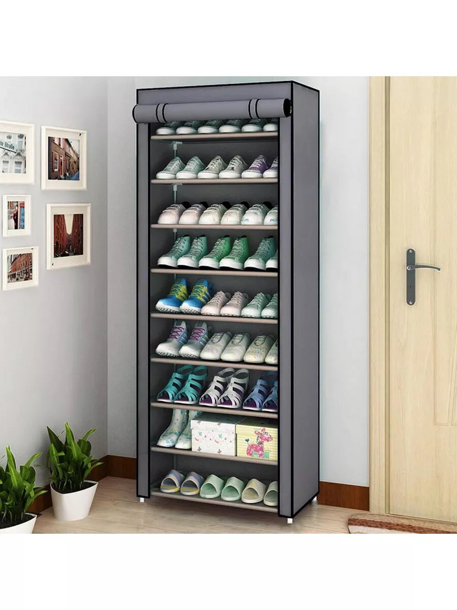 Обувница со шторкой, 9 полок этажерка для обуви 9 ярусов с тканевой шторкой серая