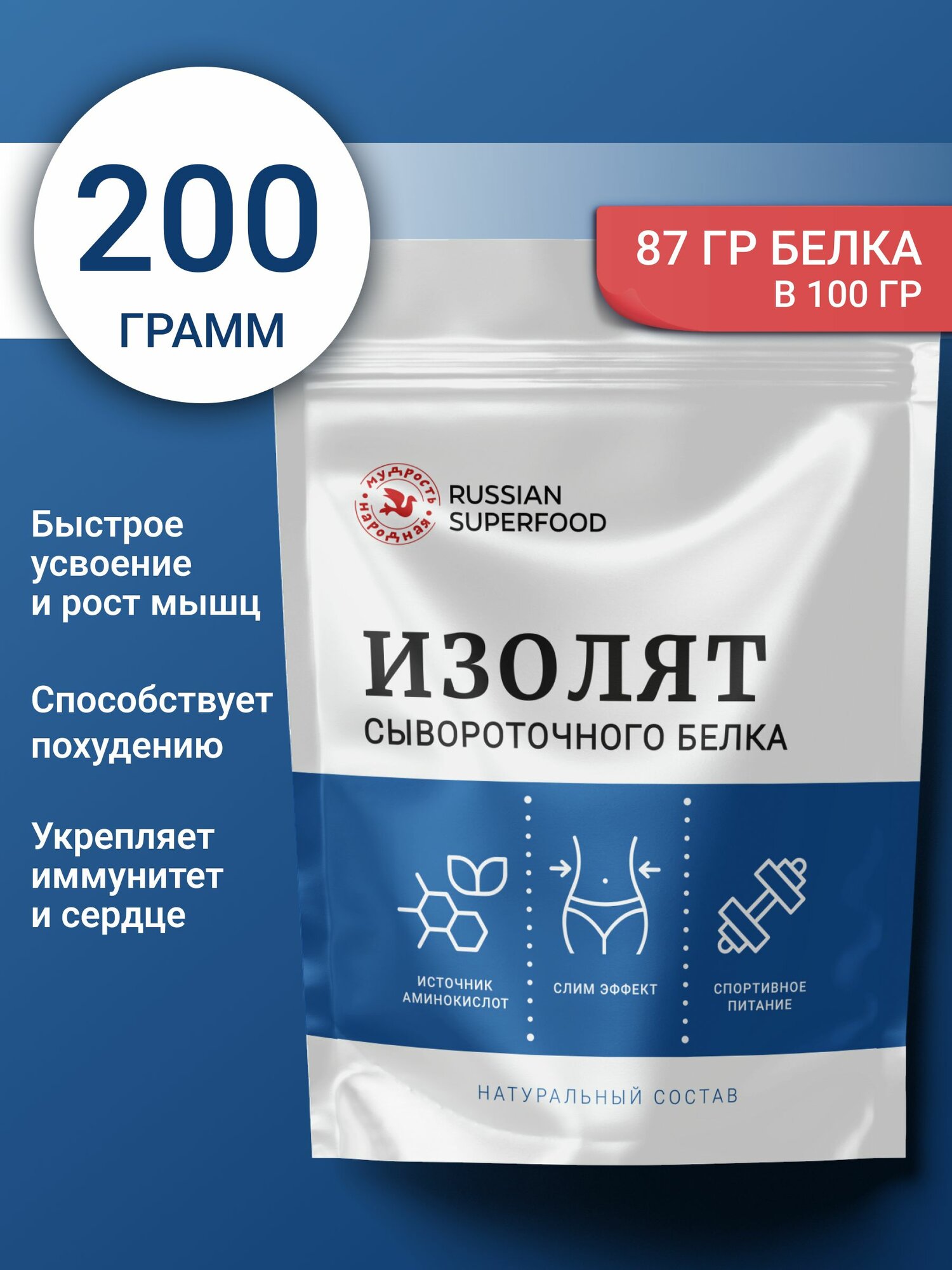 Протеин сывороточный, изолят сывороточного белка для набора мышечной массы или похудения, 200 г. Натуральный без добавок, без вкуса, без сахара