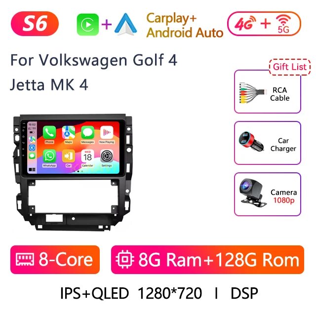 Автомобильная стереосистема 2Din Android для Volkswagen VW Golf 4 Jetta MK4 S6 8G-128G CAM