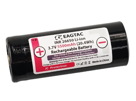 EAGTAC 26650 5500 мАч, 3,7 В, защищенный литий-ионный аккумулятор (15 А, защита от анода), кнопка сверху, аккумулятор 26650