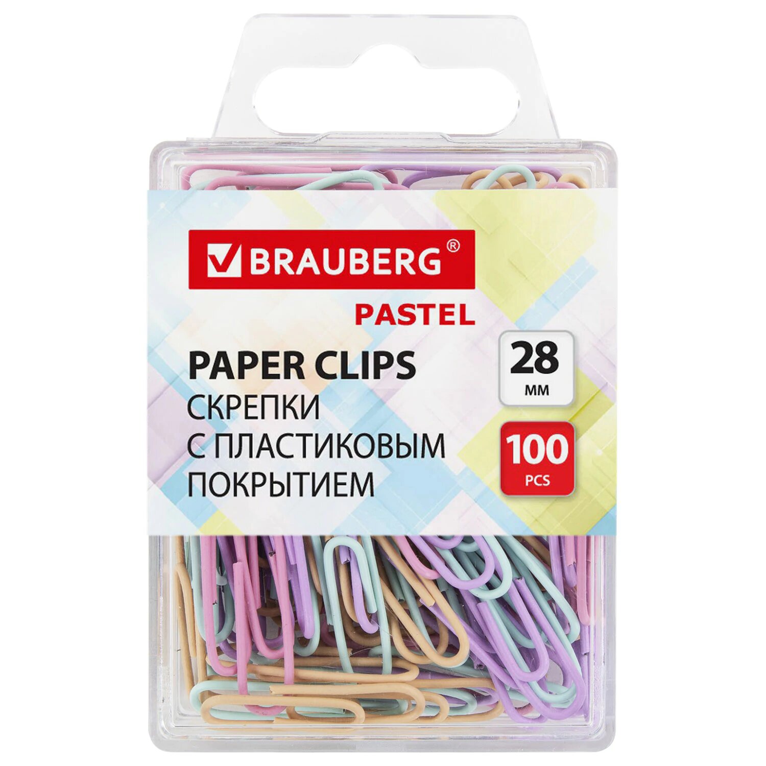 Упаковка 12 шт. Скрепки BRAUBERG PASTEL, 28 мм, пастельные цвета, 100 шт, в пластиковой коробке, 271956