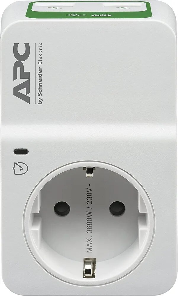 Schneider Apc Surge Protector , Pm1Wu2-Gr, Адаптер розетки с защитой от высокого напряжения (1 штекер Schuko, 2 розетки для зарядки USB, белый)