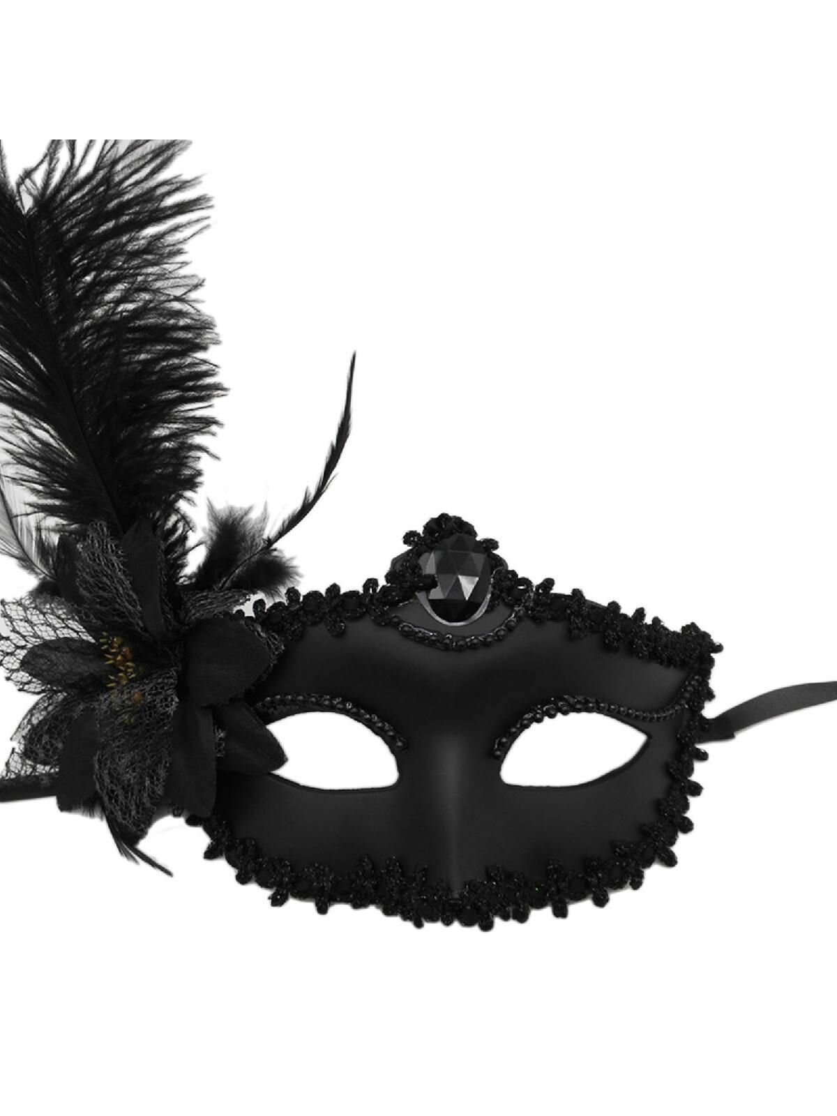 Полумаска с перьями для маскарада, Черный