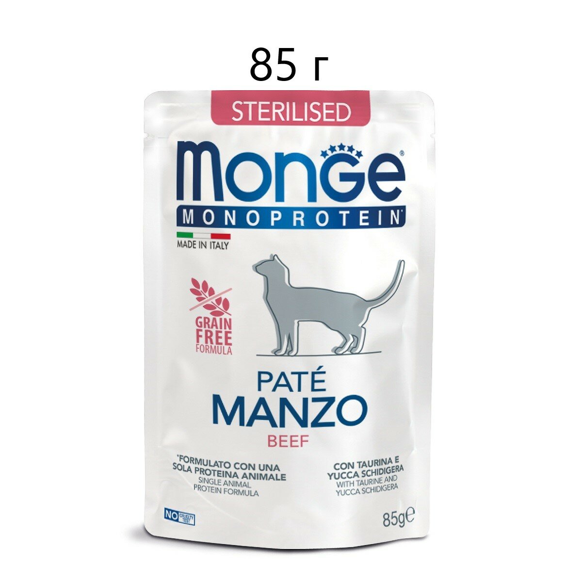 Влажный корм для кошек Monge MONOPROTEIN pate manzo, беззерновой, говядина, 85 г (паштет)