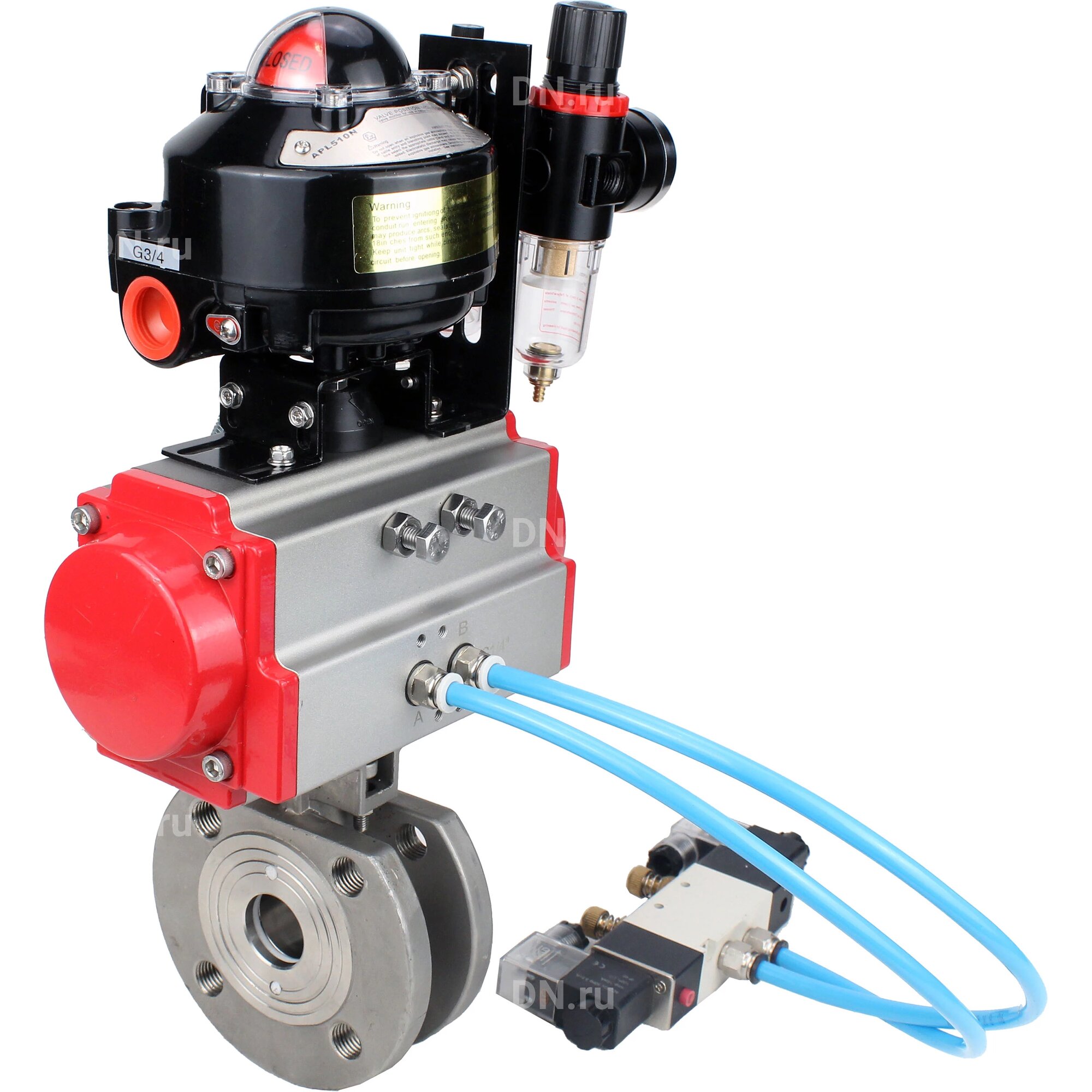 Кран шаровой DN.ru КШмФП.316.200 Ду65 Ру16 межфланцевый, полнопроходной, нержавеющая сталь SS316, уплотнение PTFE, с пневмоприводом DA-083 пневмораспределителем PND1-S2EM-52-2-T10-220VAC БПВ APU1-10-40-V08 БКВ LSB-510-02ExM12-250