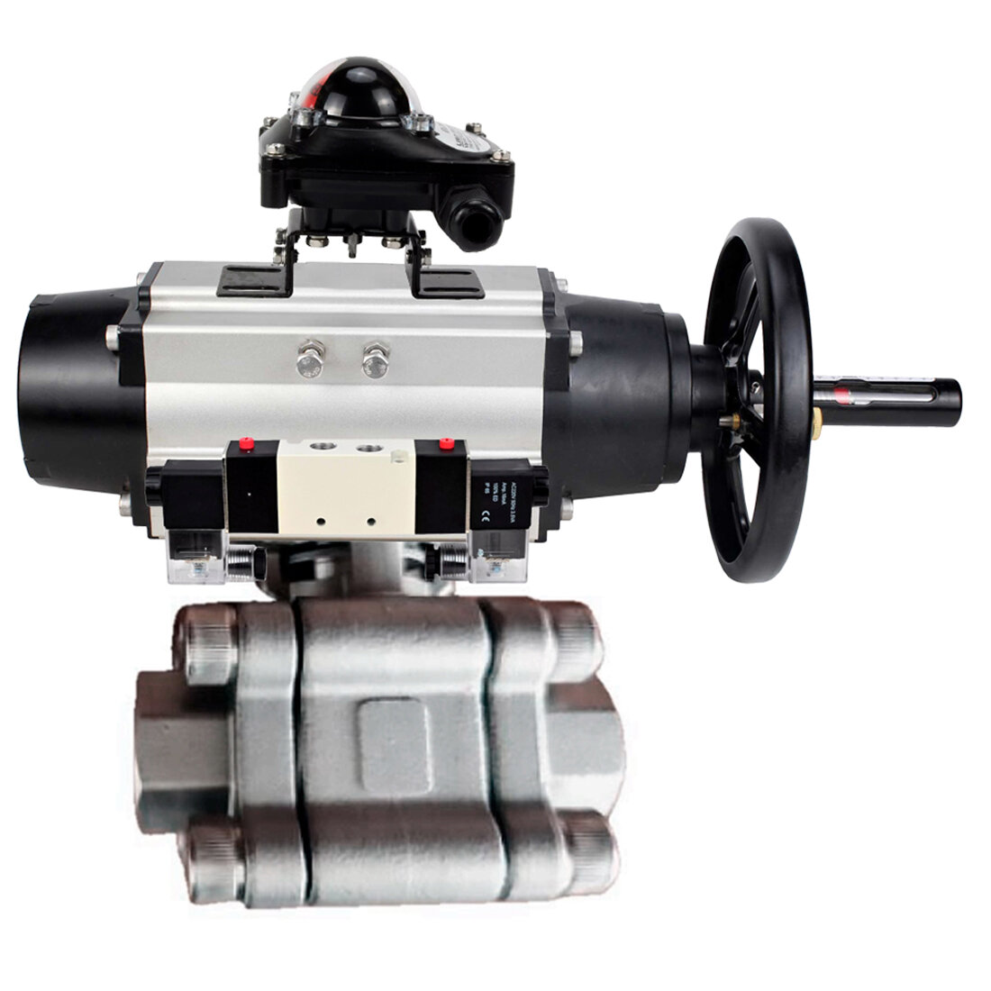 Кран шаровой DN.ru 316-316-PTFE-FP-SW-ISO-H Ду100 Ру63 полнопроходной, корпус - нержавеющая сталь SS316, под приварку, с пневмоприводом DA-105-1, пневмораспределителем PND1-S2EM-52-2-T10-220VAC, БКВ LSB-210-02NM12-220/24 (опрессовано)