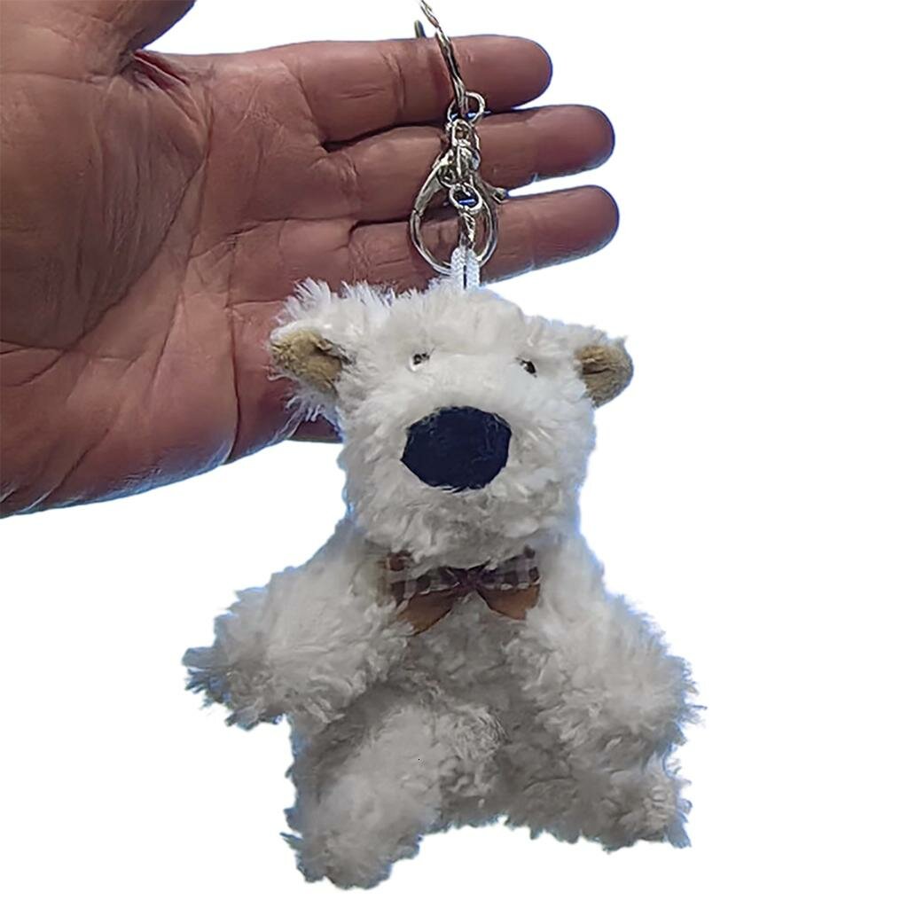 Брелок, Плюшевая кукла-собачка брелок-подвеска-клетчатая белая собачка кофейного цвета с маленьким бантом