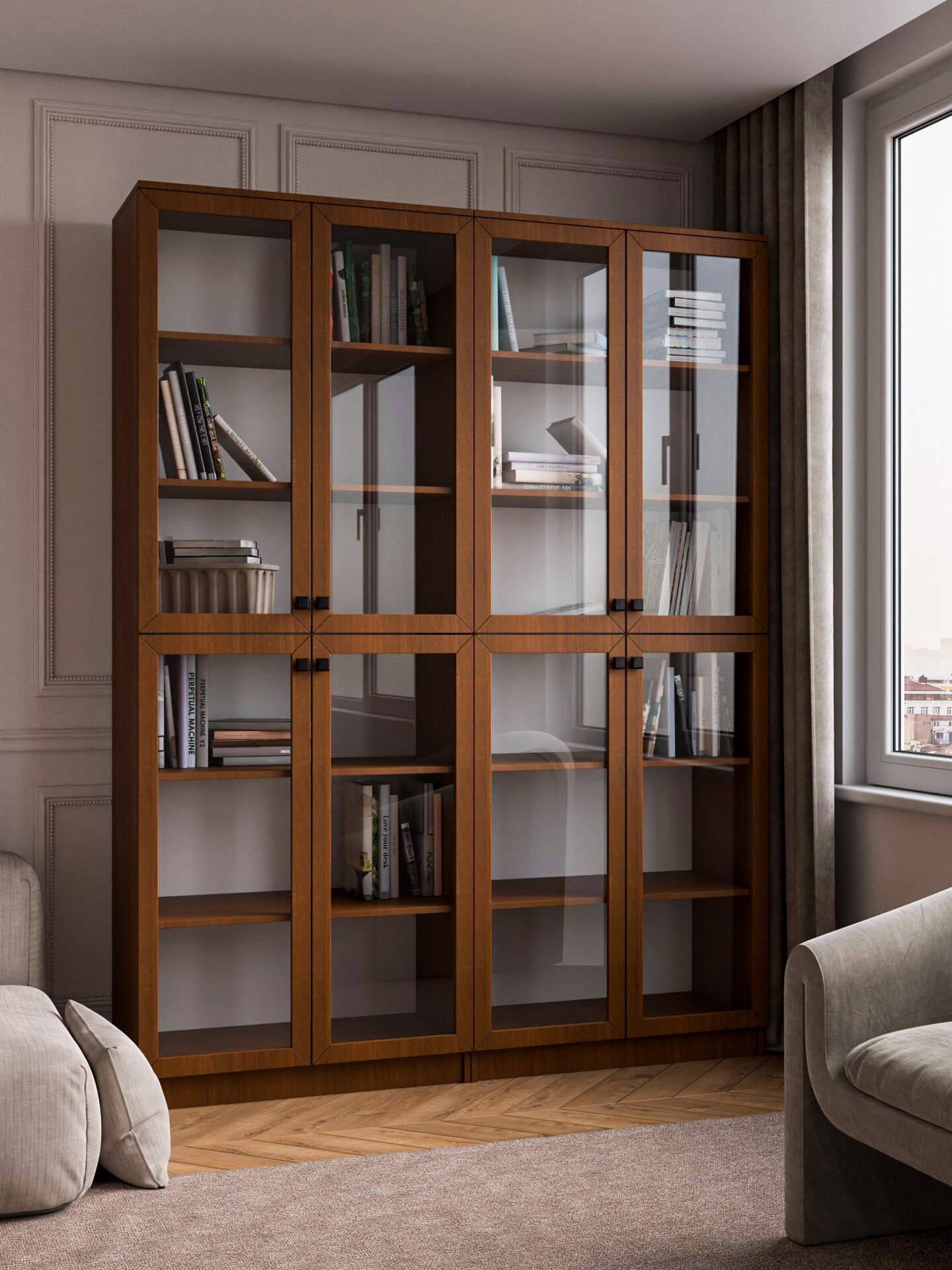 Шкаф-витрина Вест 4.2, 136х38х210 см, со стеклянными дверцами, шкаф для книг, с полками, орех экко