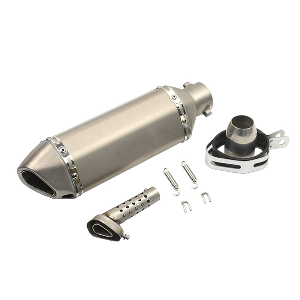 Выхлопной глушитель для мотоцикла универсальный из нержавеющей стали 38-51мм, длина 370мм, комплект с адаптером, пружинами, лентой, фиксирующим кольцом и защелами, цвет как на изображении