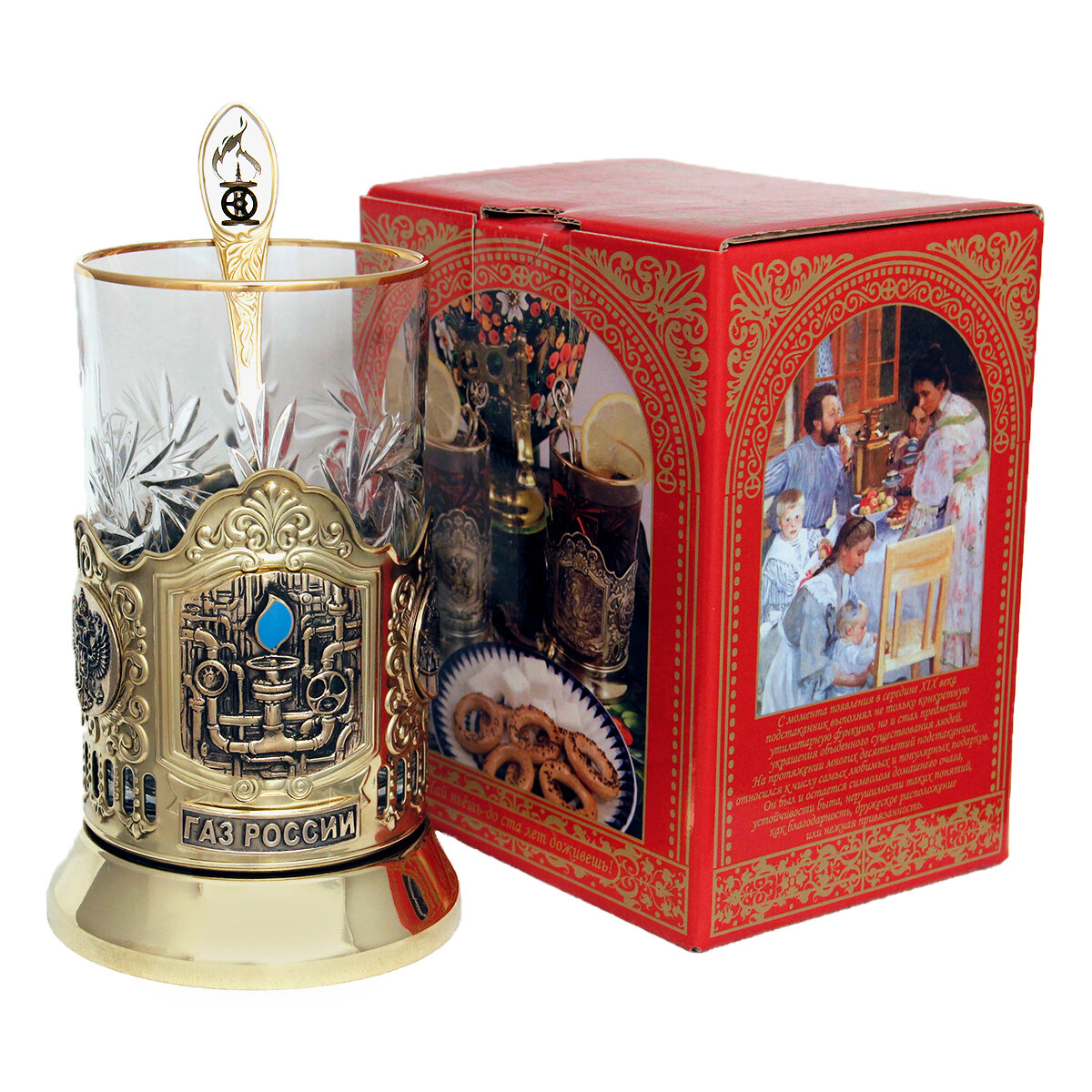 Набор для чая "Газ России" (3 пр.) (стакан - хрусталь, картонная коробка, ложка - нерж. сталь с лазерной гравировкой) ПДЛ-434К