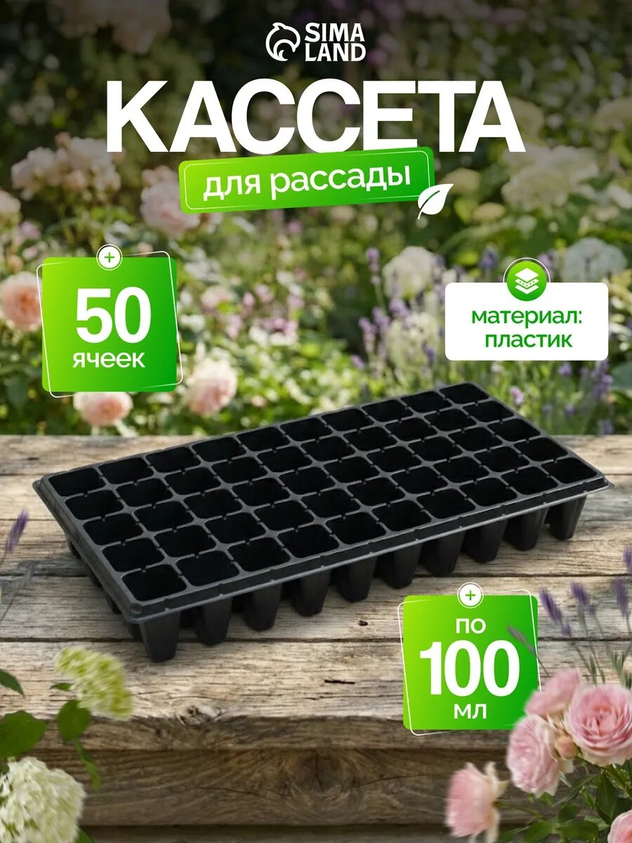 Кассета для рассады, 50 ячеек по 100 мл, пластик, чёрная, 54×27×8 см, Greengo