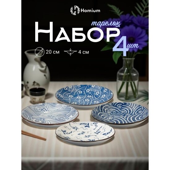 Набор тарелок Homium , Japanese Collection, Очарование, 4 шт, цвет белый/синий, D20 см (371594-9-12)