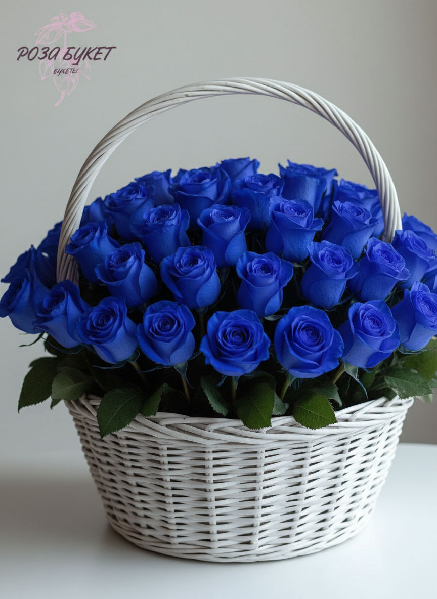 Букет цветов, букет из синих роз 51 шт в корзине, премиум цветы, премиум букет, плетеная белая корзина, долгий букет