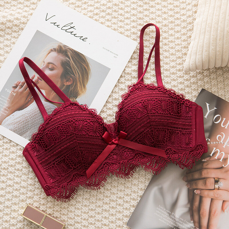 Красный кружевной бюстгальтер для женщин, маленькая грудь, пуш-ап, без проводов, удобный, сексуальный, регулируемый комплект бюстгальтера