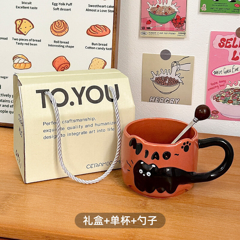 Кофейная чашка Cute cat Stacked Water Cup-Киноварно-красная (Подарочная коробка + чашка + шариковая ложка)