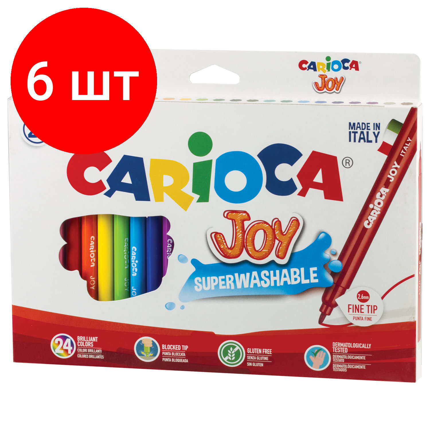 Комплект 6 шт, Фломастеры CARIOCA"Joy", 24 цвета, суперсмываемые, вентилируемый колпачок, картонная коробка, 40615