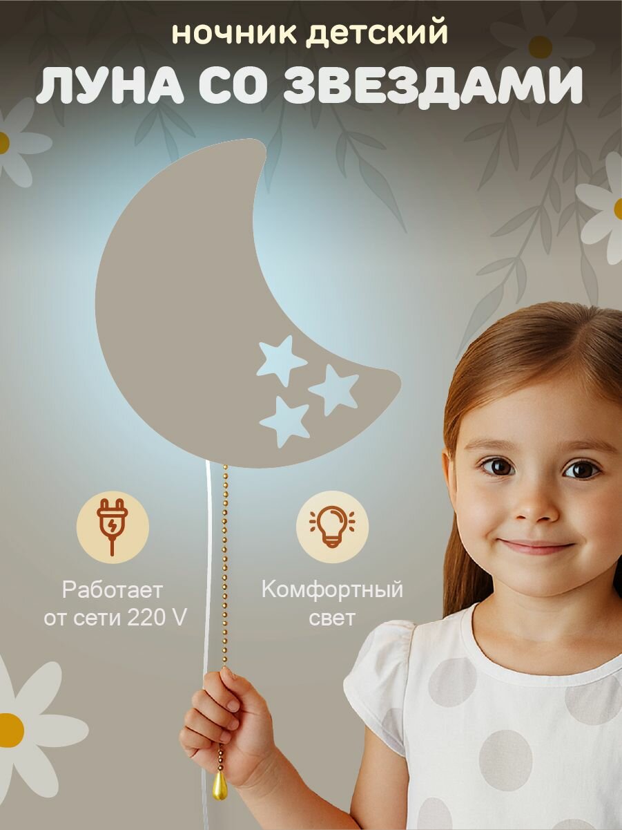 Ночник детский для сна светильник настенный луна со звёздами светодиодный деревянный 24х31 см питание от сети(сонетка), 6000К