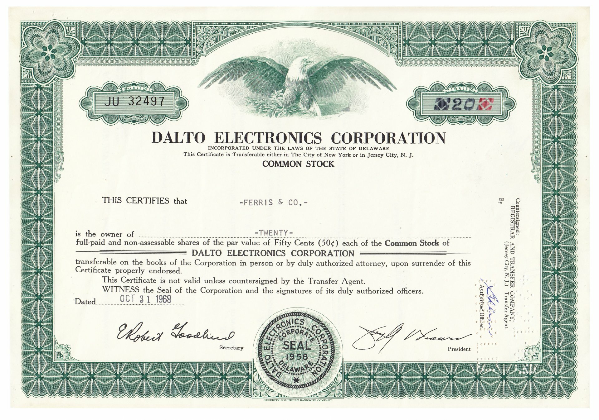 Акция США " DALTO ELECTRONICS CORPORATION" 1968-1969 гг