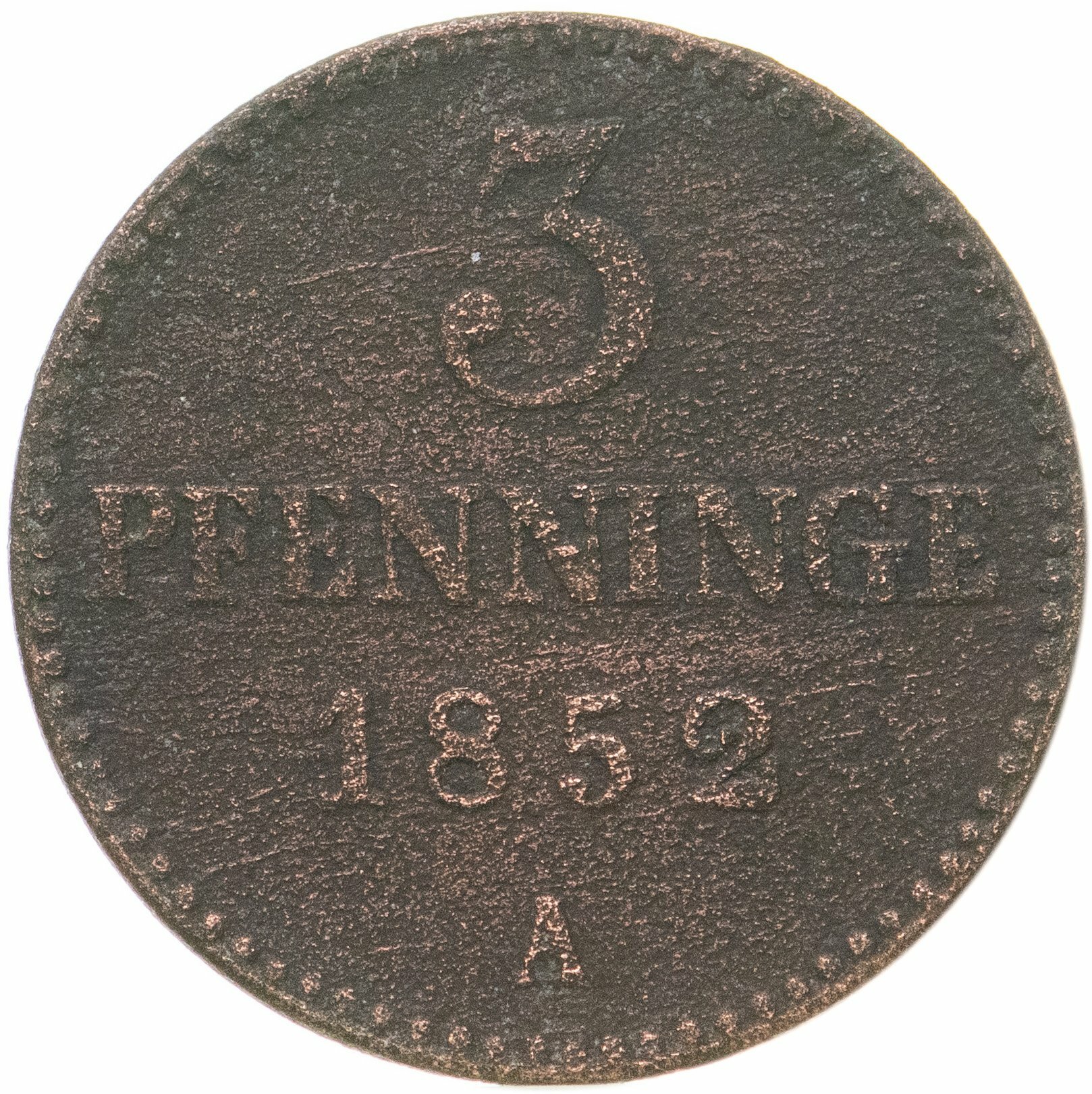 Германия, Мекленбург-Шверин 3 пфеннига 1852, Медь, в сохранности F