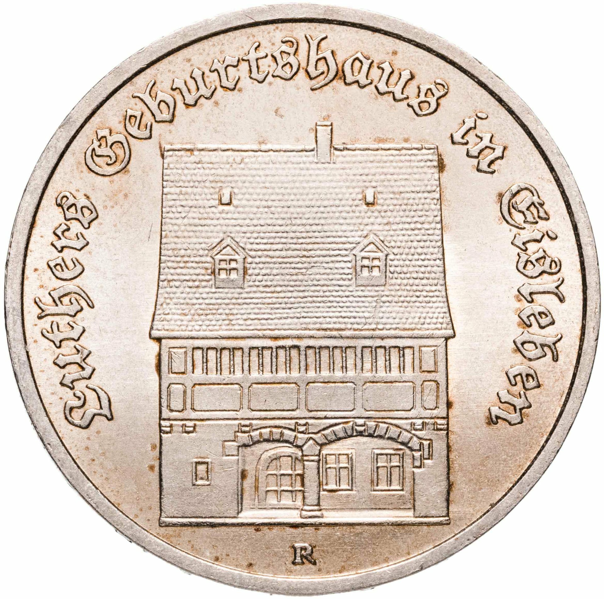 Германия ГДР 5 марок 1983 Родной дом Мартина Лютера в Эйслебене, Мельхиор медь-никель, в сохранности AU-UNC