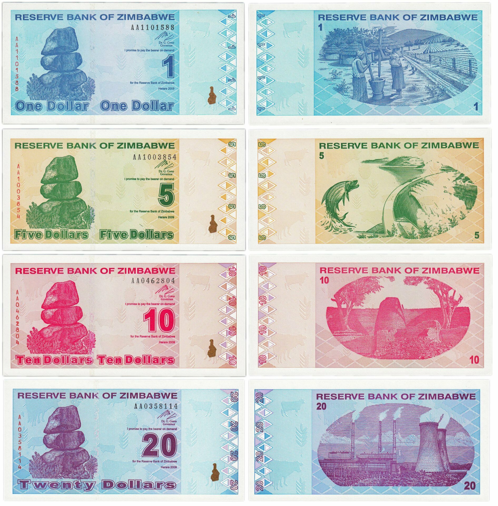 Зимбабве - набор 1, 5, 10, 20 долларов 2009 Pick 92, 93, 94, 95