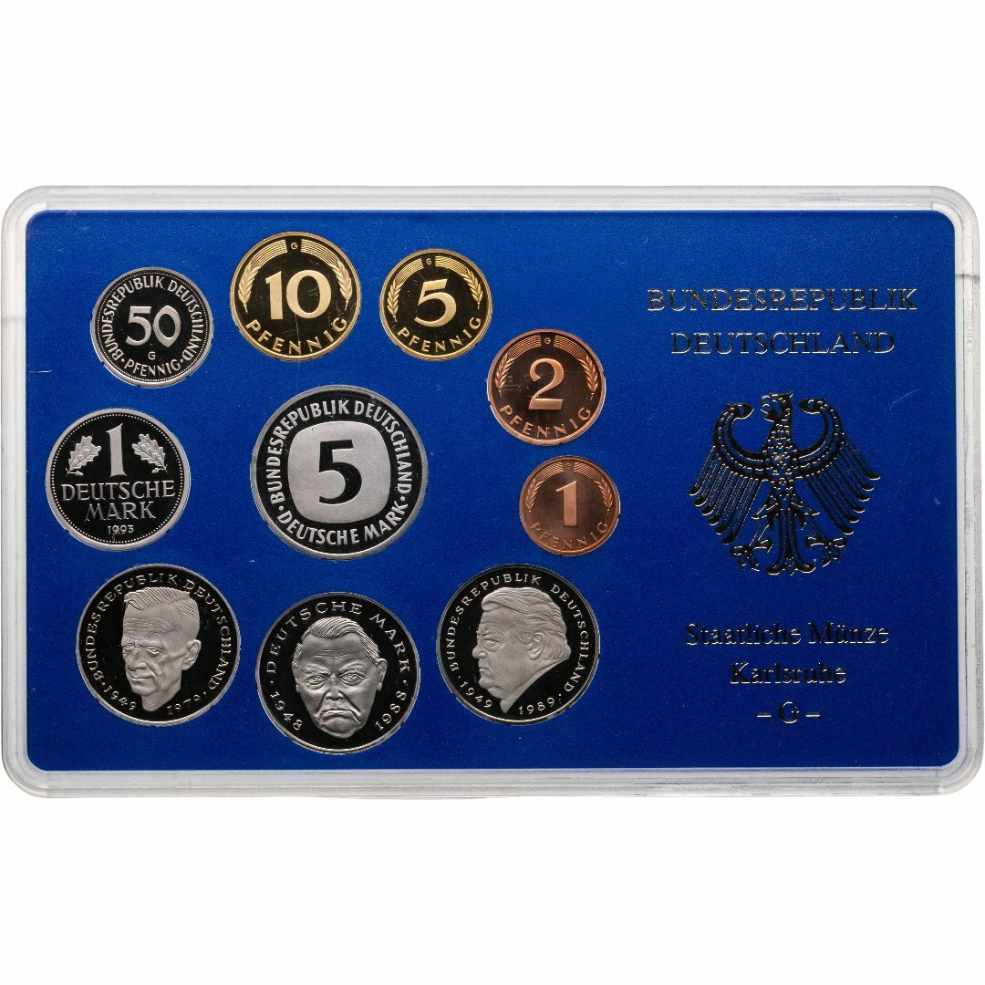 Германия, ФРГ, годовой набор монет 1993 G в банковском футляре, знак монетного двора: "G" - Карлсруэ, Серебро, в сохранности Proof