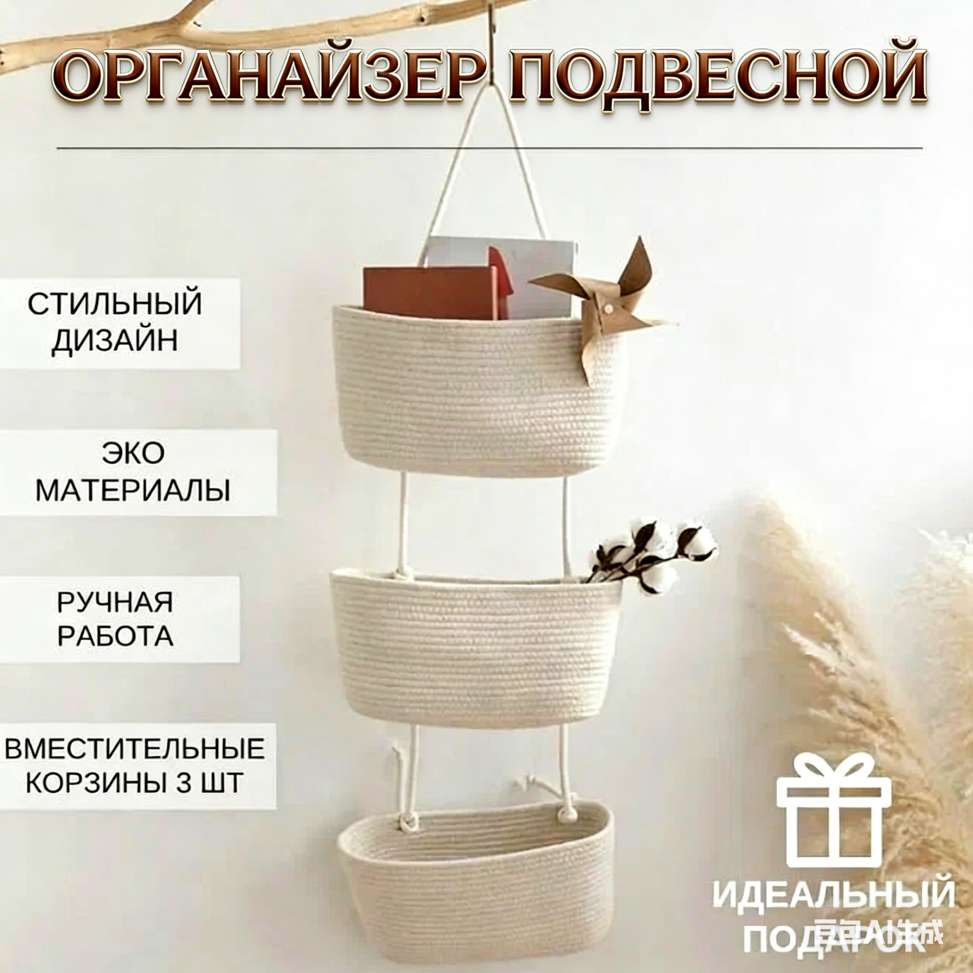 Органайзер FREEPOSE, для вещей, плетёный, настенный, 29 см x 16 см x 90 см