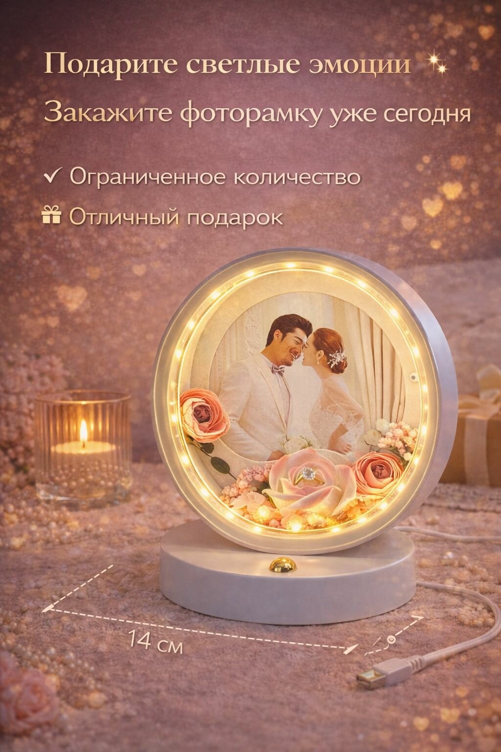 Светящаяся фоторамка LED с цветами ночник, романтический подарок на свадьбу и годовщину