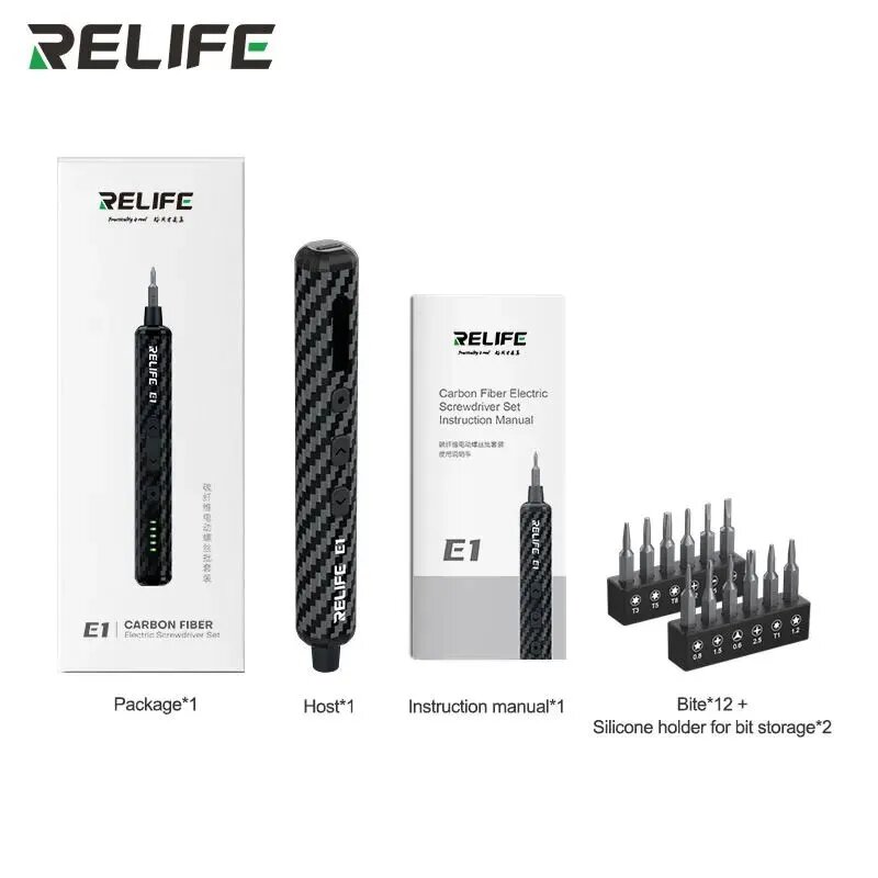 Набор электрических отверток RELIEF E1 из углеродистого волокна, 12 стальных долот S2, Конструкция заднего хода, 5-ступенчатый регулируемый инструмент для ремонта