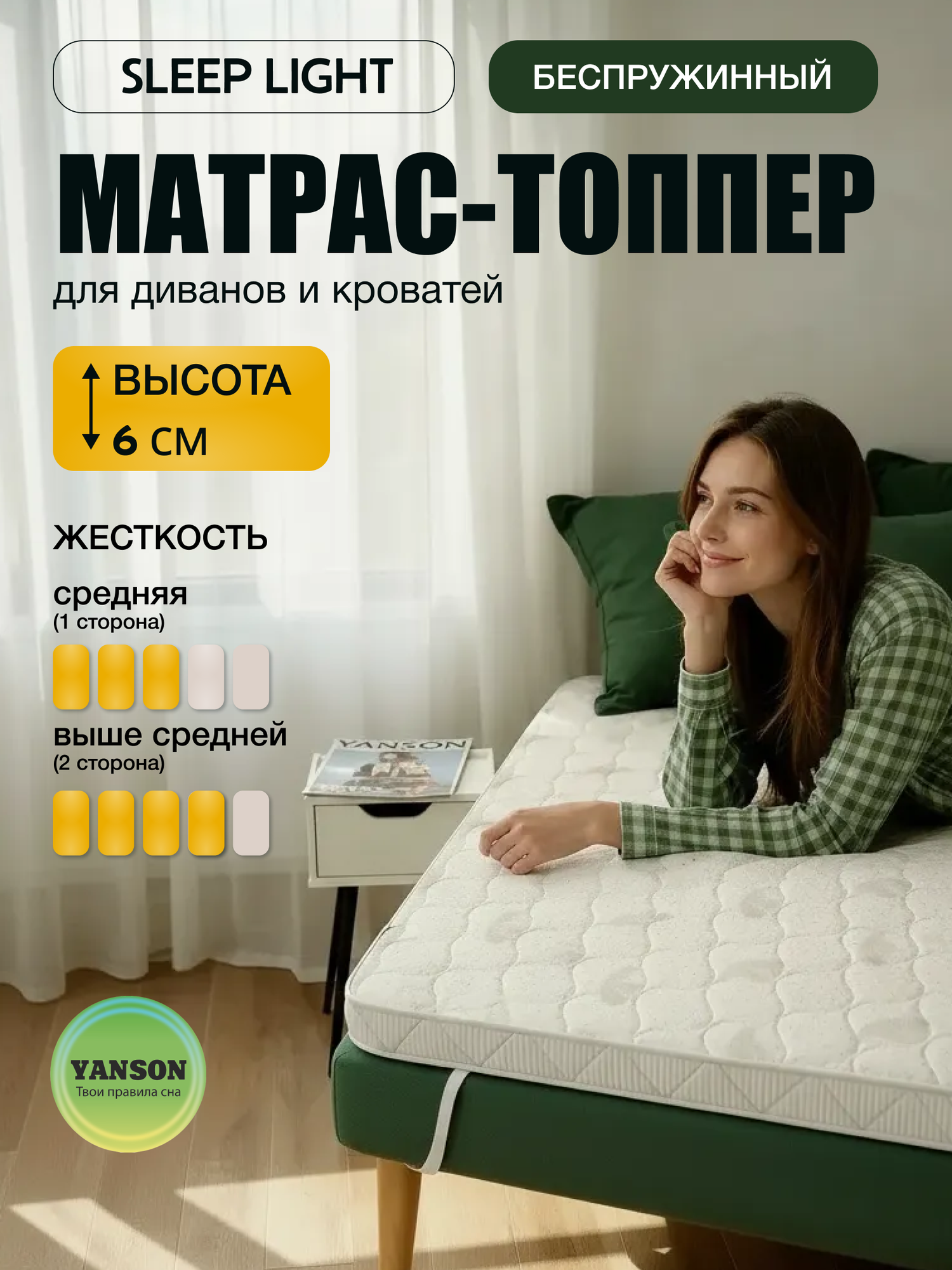 Матрас топпер 6 см 80х140, беспружинный матрас топпер 6 см, топпер на диван, топпер на кровать, ортопедический топпер