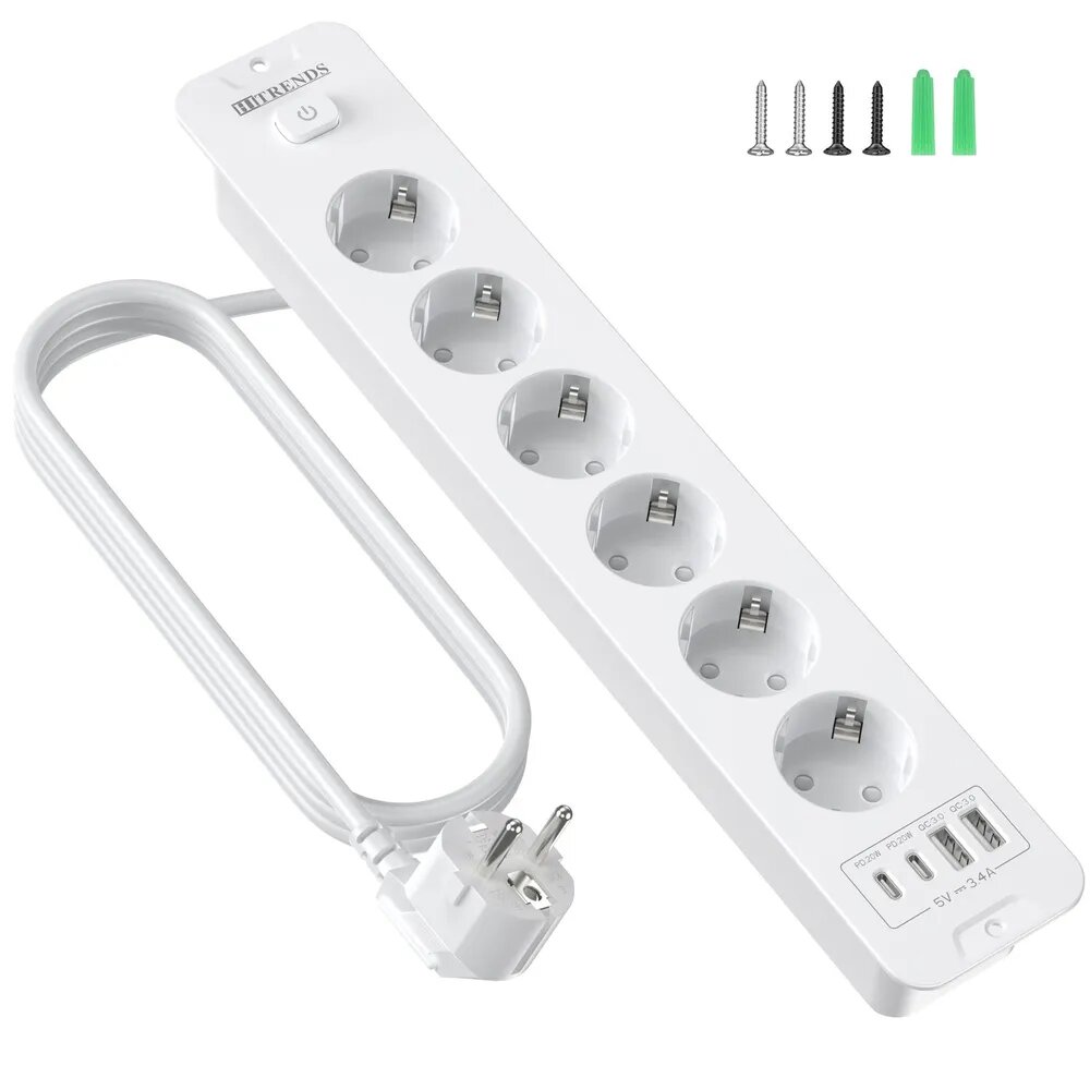 HITRENDS Встраиваемый удлинитель с 6 евророзетками, 2 USB и 2 Type-C (белый), 250V 16A, 4000W, кабель 2м, быстрая зарядка, защита от перегрузки, огнестойкий