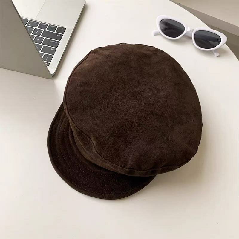 Коричневый замшевый берет Майяра, женский осенне-зимний универсальный ретро-берет с открытой шляпой газетчика, шляпа с большой окружностью головы