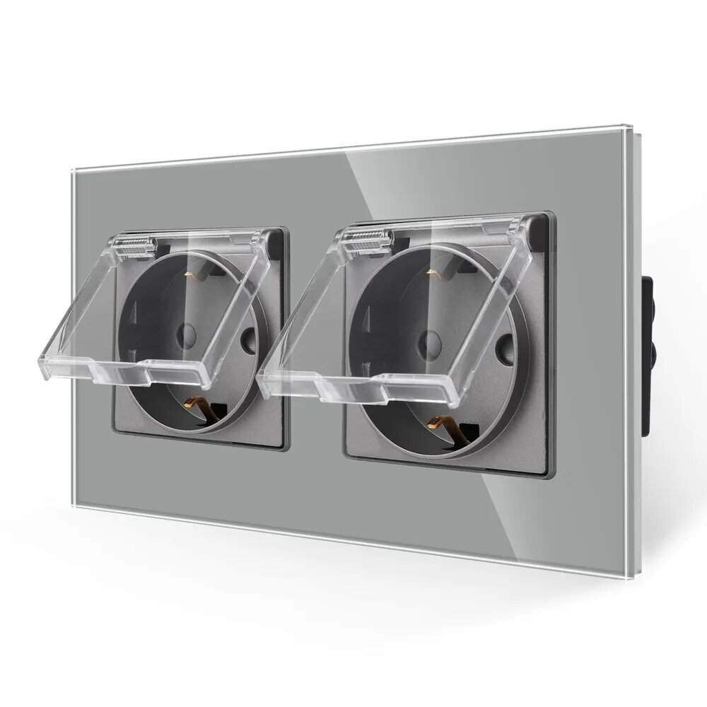 Розетка c водонепроницаемой крышкой 2 поста, Встраиваемая водонепроницаемая розетка на 16А стеклянна серый c землей