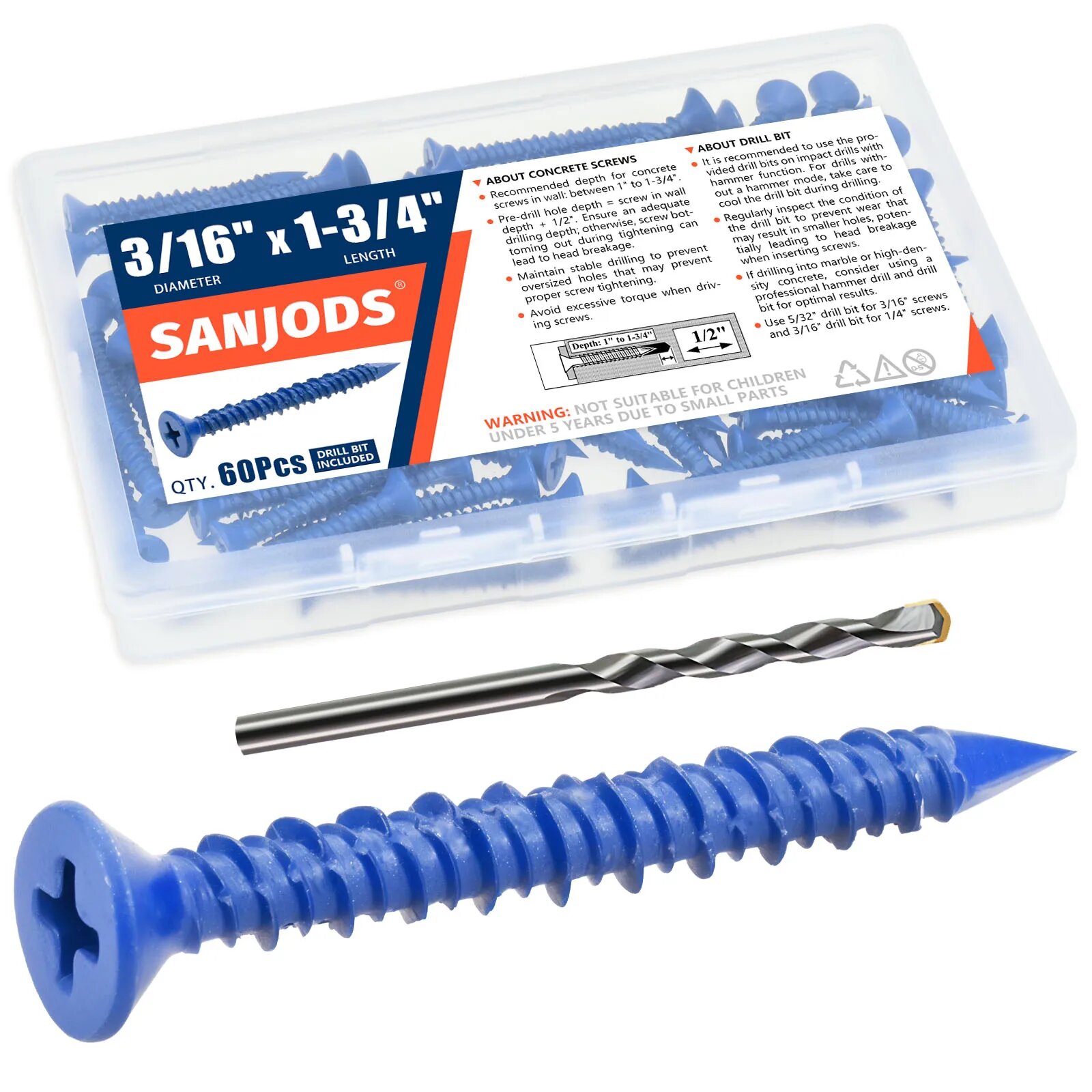 SANJODS Винты для бетона 3/16" и 1/4", синие, углеродистая сталь 3-16 x 1-3-4