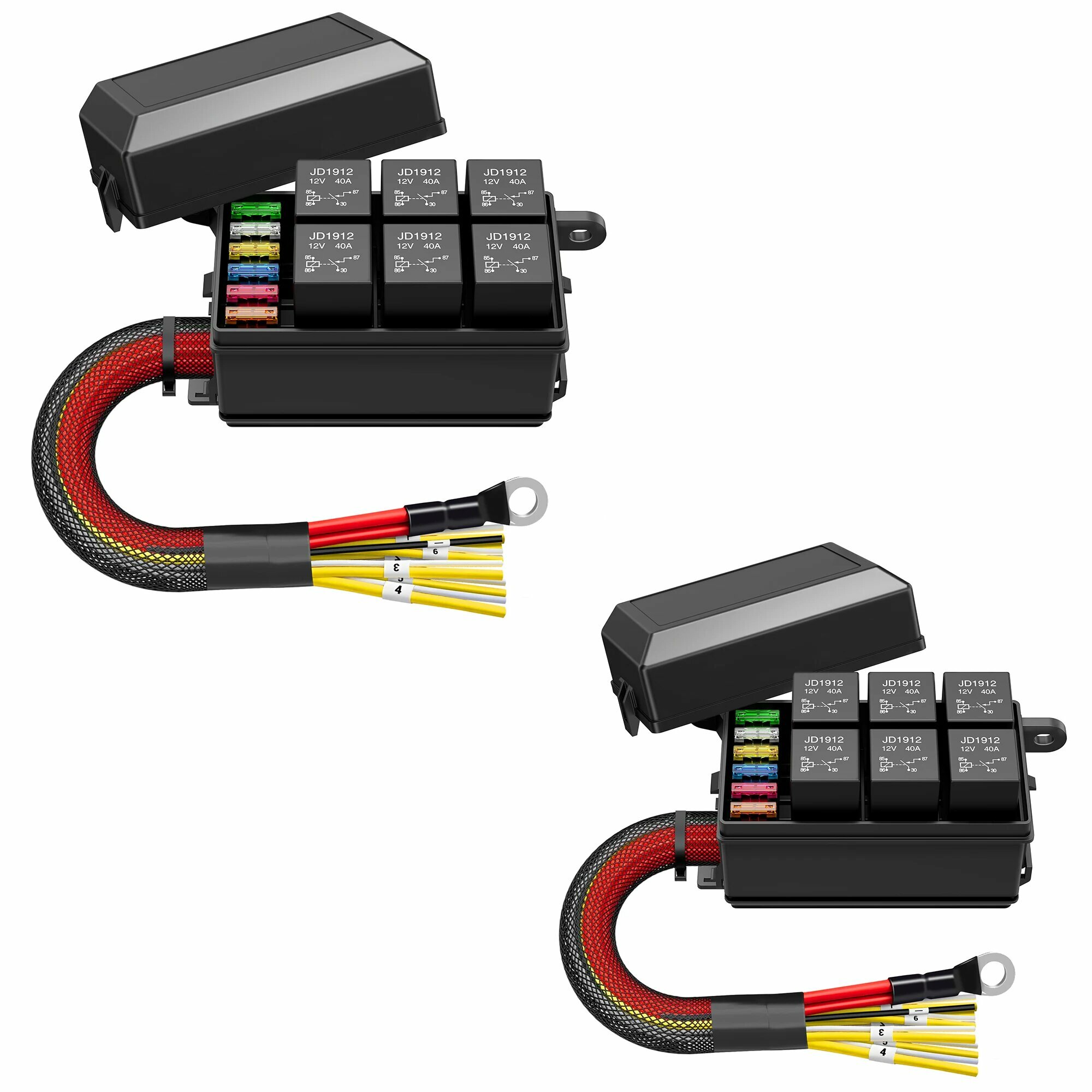 Блок реле с предварительно проводными предохранителями 12 В, 6 лепестковых предохранителей ATC/ATO, 4-контактный релейный блок и комплект 40 А, для автомобилей, грузовиков, морских лодок, джипов