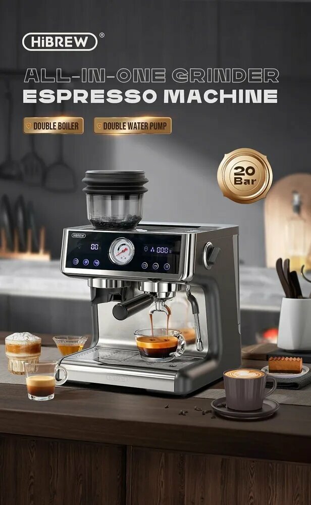 HiBREW Кофеварка рожковая H7A, серебристый, черный матовый